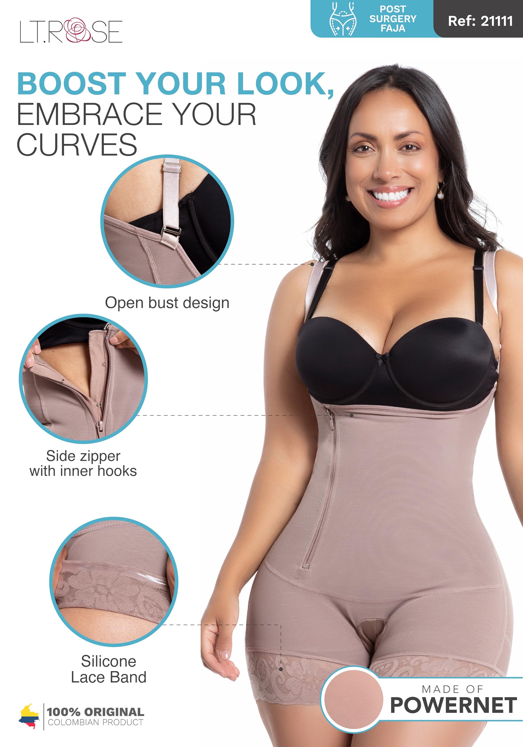 LT.ROSE Faja Tummy Tuck S111 Post Surgery Compression Garment for Women Faja Colombiana Cocoa L