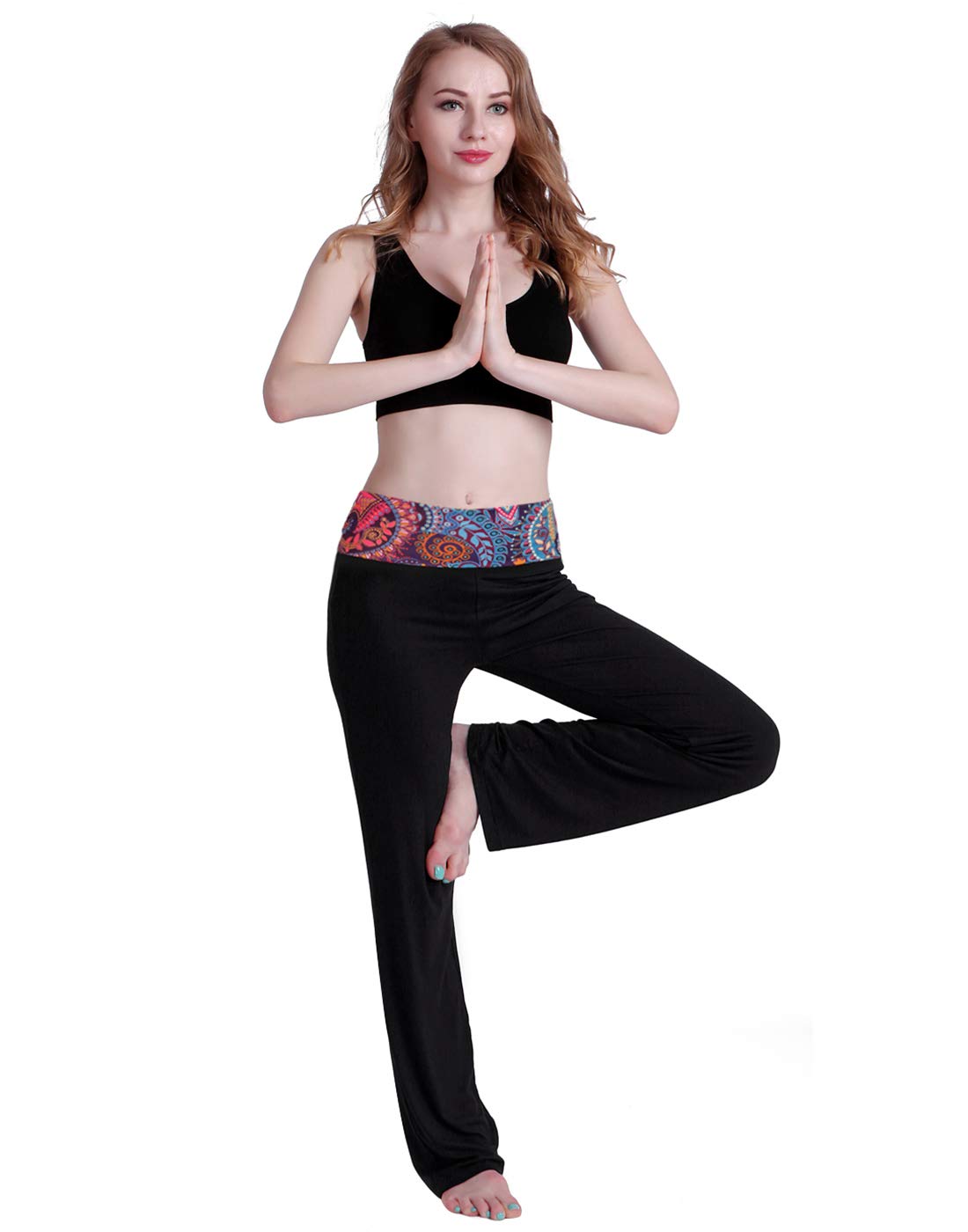 HDE Foldover Athletic Yoga Pants Gym Workout Leggings (Purple Paisley, Large)