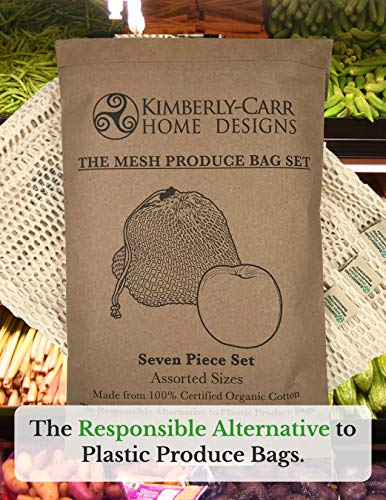 ZERO WASTE ORGANIC COTTON MESH REUSABLE PRODUCE BAG SET | Premium Washable Bags for Fresh Fruits & Vegetables | Compostable, Biodegradable | Sustainable Alternative to Plastic Bags | 4 Sizes | 7 Bags