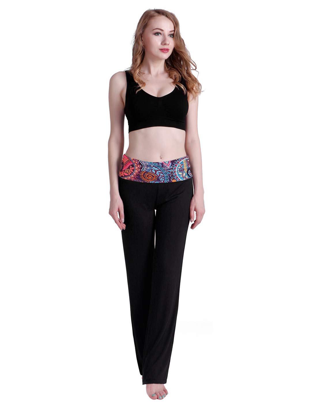 HDE Foldover Athletic Yoga Pants Gym Workout Leggings (Purple Paisley, Large)