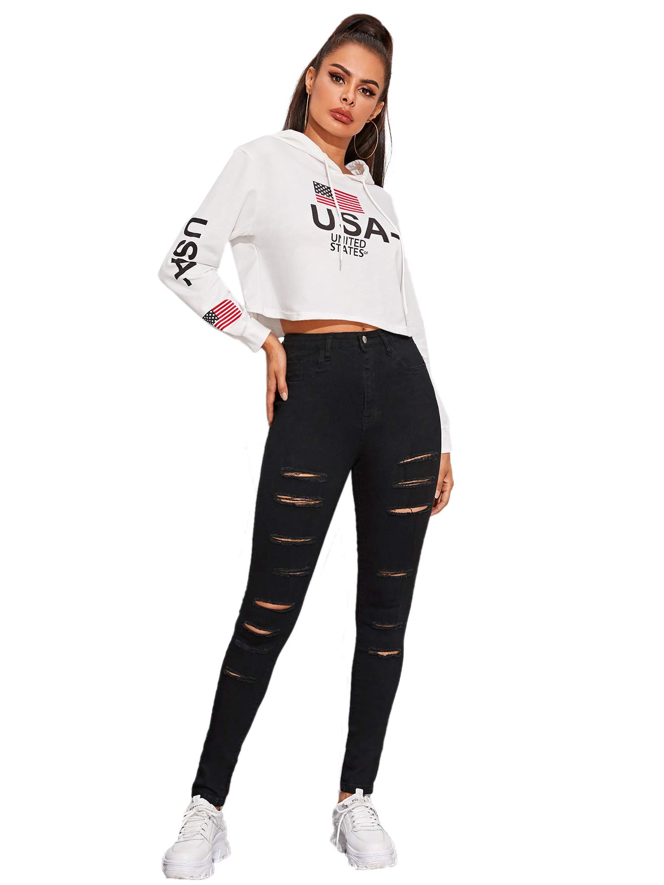SweatyRocks Women's Hight Waisted Stretch Ripped Skinny Jeans Distressed Denim Pants Black-5 S