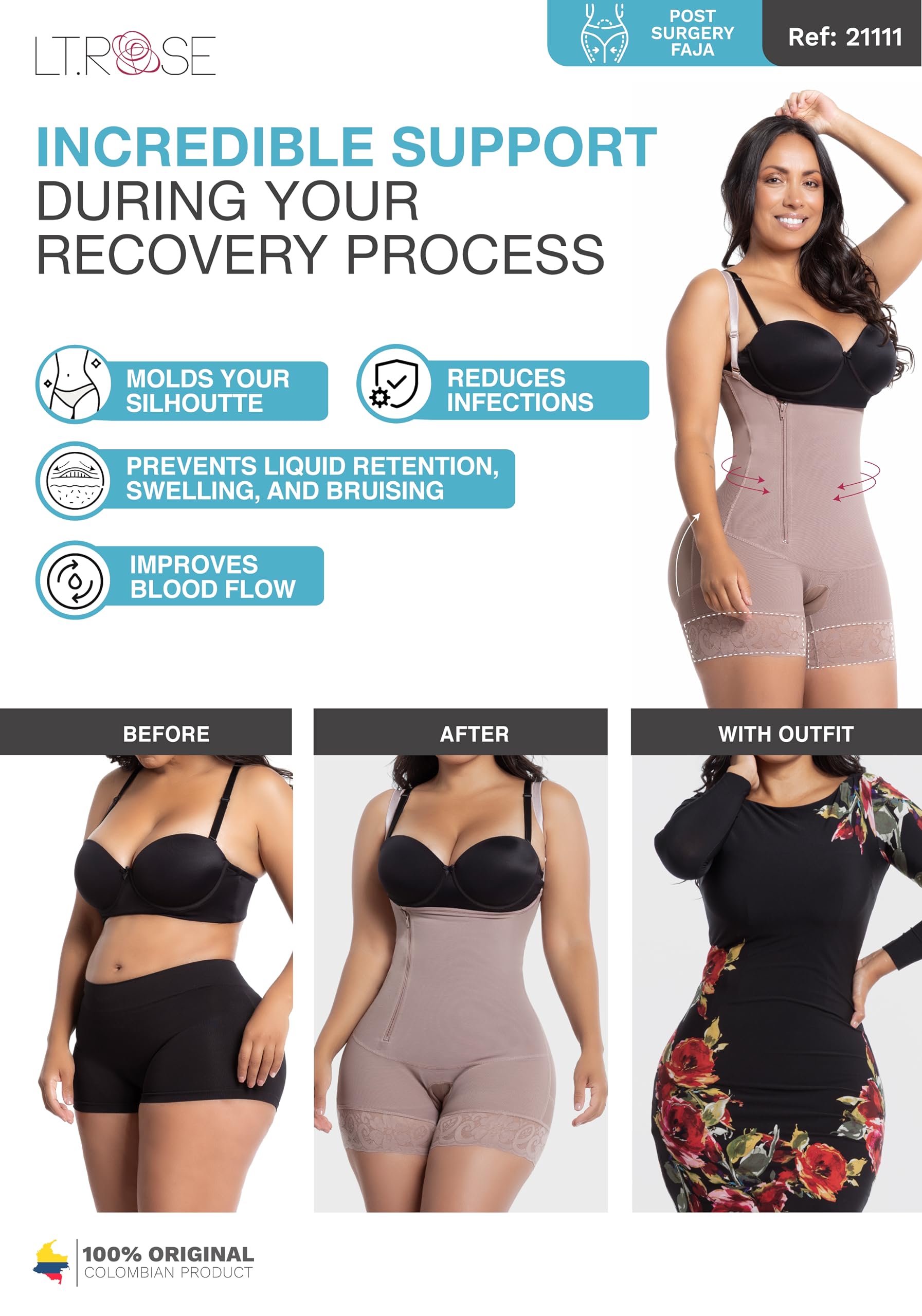 LT.ROSE Faja Tummy Tuck S111 Post Surgery Compression Garment for Women Faja Colombiana Cocoa L