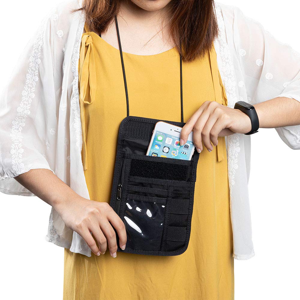 EXCELLENT ELITE SPANKER Passport Holder Nylon Neck Pouch RFID Blocking Travel Neck Wallet ID Card Organizer Pouch with Neck Lanyard(Black)