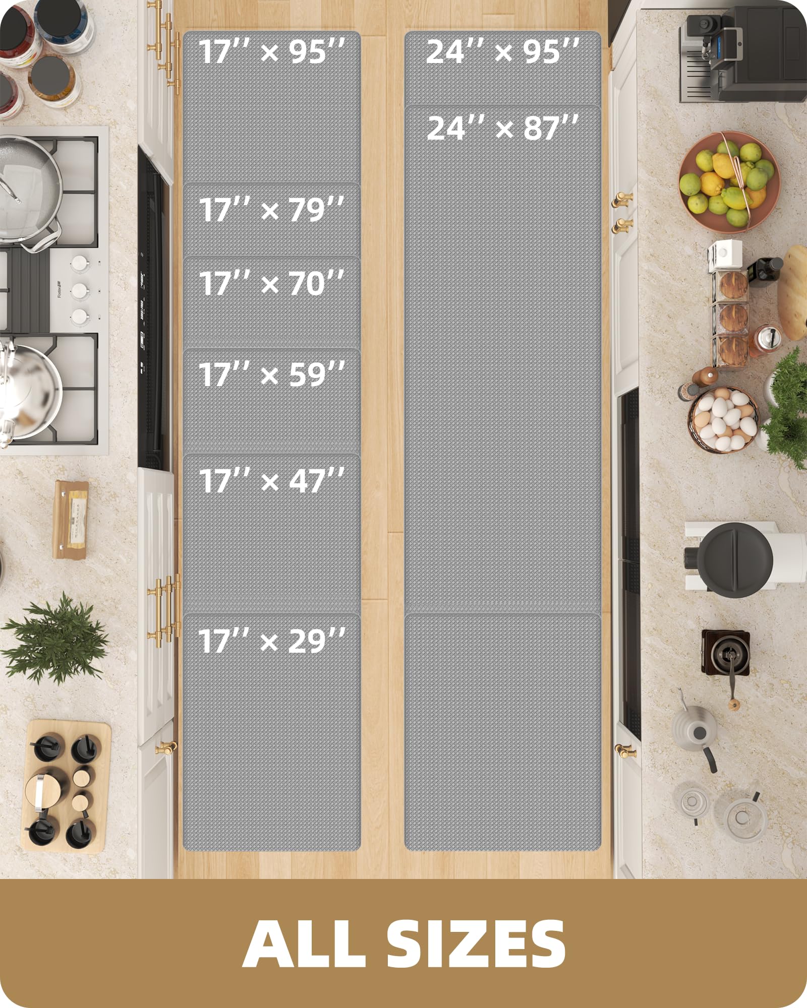 Color G Kitchen Rugs, Runner Cushioned Anti-Fatigue, Non Skid Waterproof Comfort Standing Floor Mats, Memory Foam, 17"x59", Grey