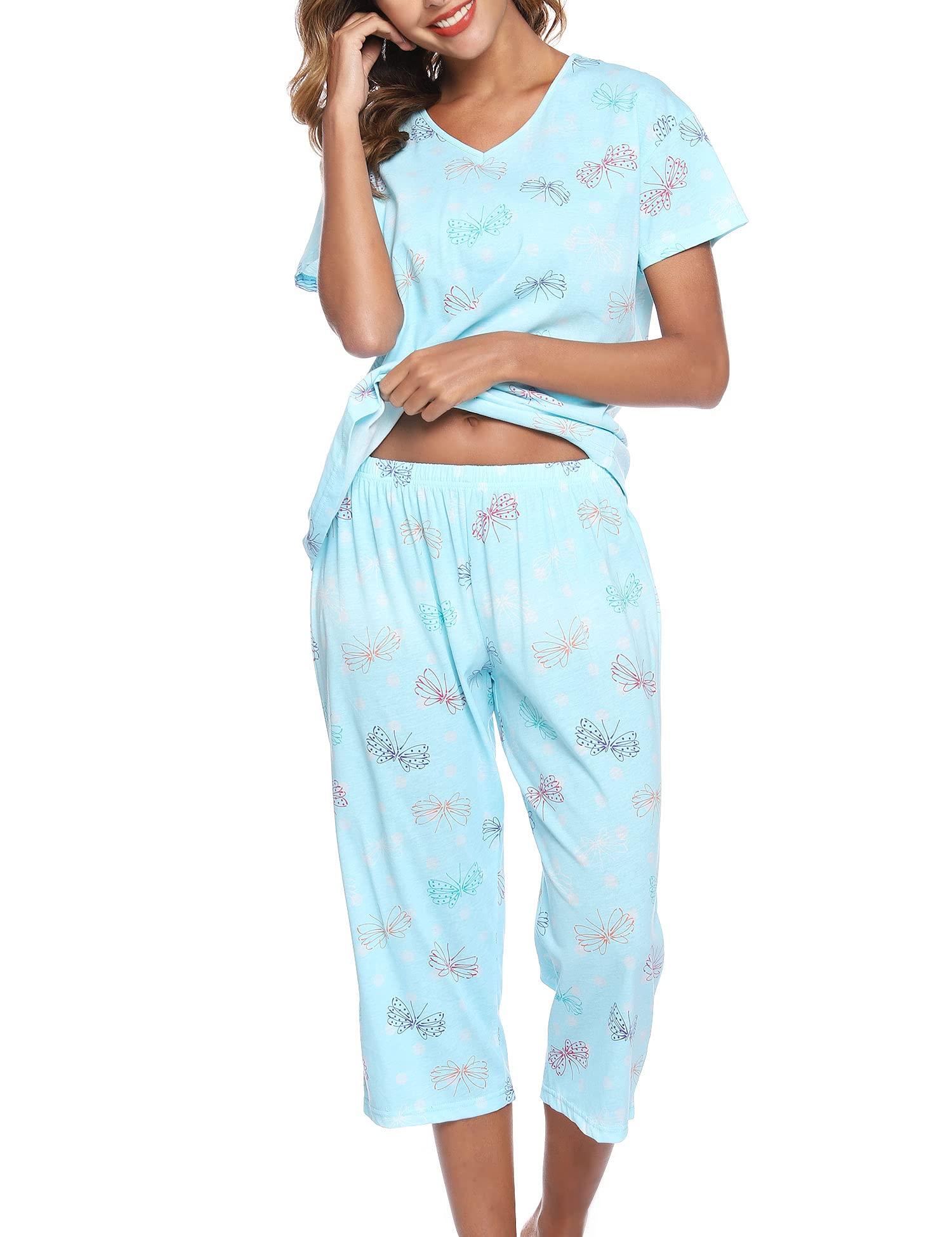 ENJOYNIGHT Womens Pajama Sets Cotton Pj Set Short Sleeve Top With Capri Pants Sleepwear 2 Piece Lounge Set(Medium,Flyyying)
