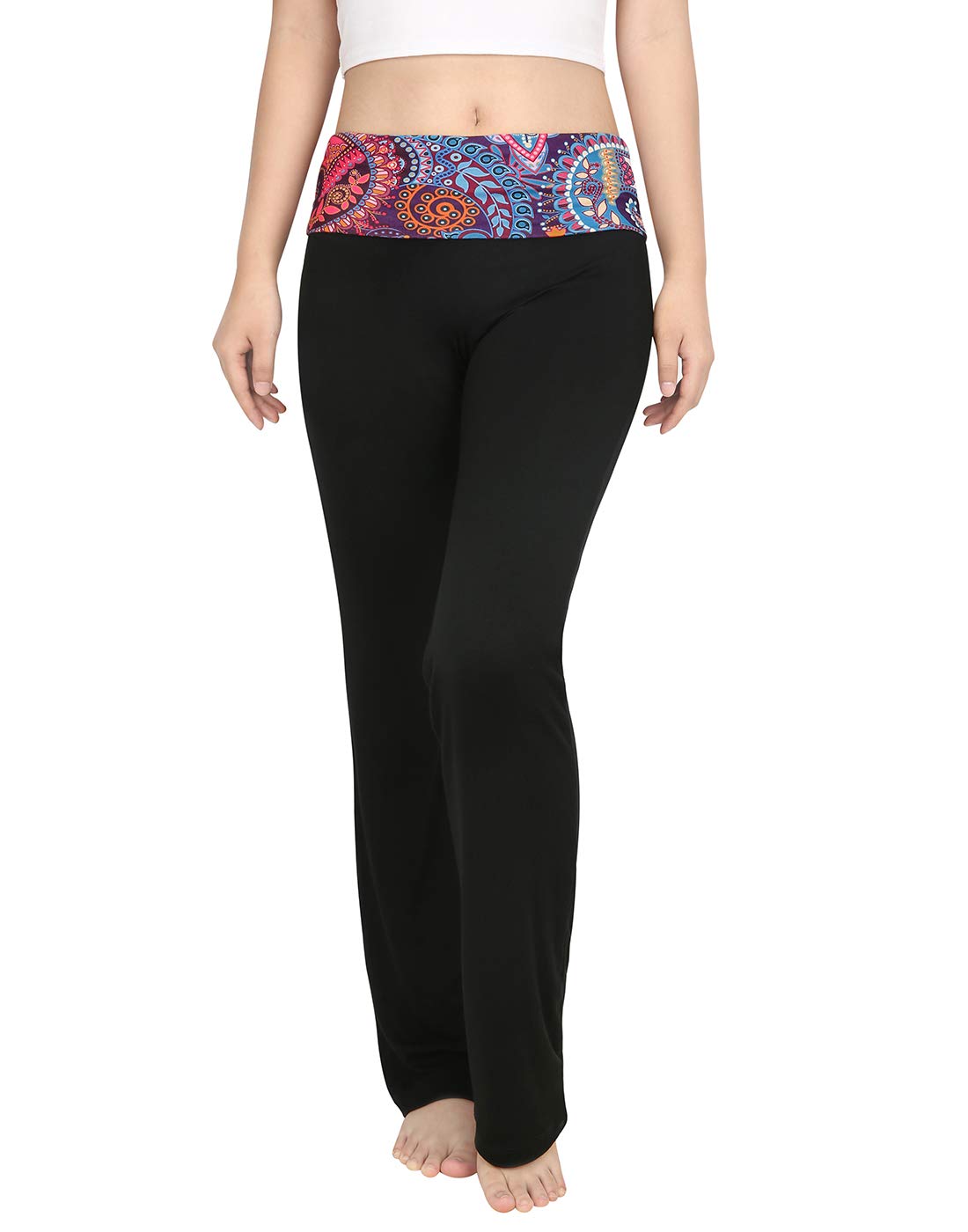 HDE Foldover Athletic Yoga Pants Gym Workout Leggings (Purple Paisley, Large)