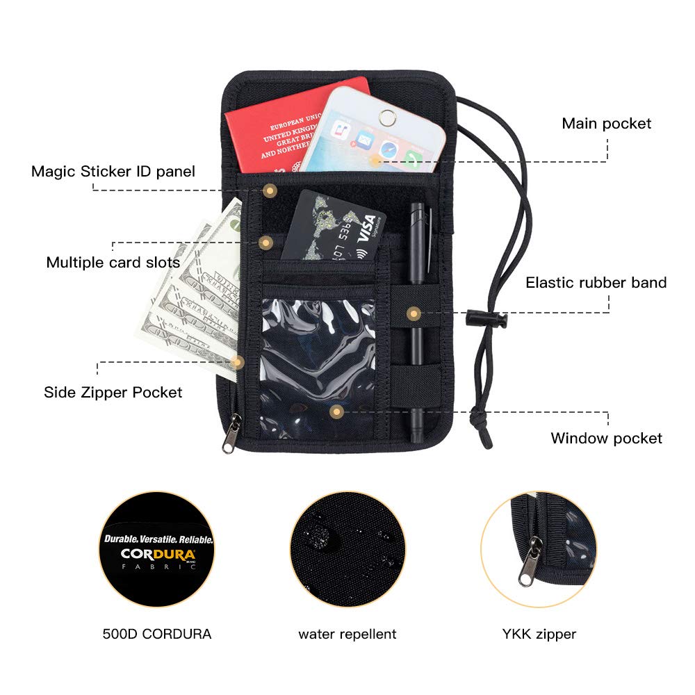 EXCELLENT ELITE SPANKER Passport Holder Nylon Neck Pouch RFID Blocking Travel Neck Wallet ID Card Organizer Pouch with Neck Lanyard(Black)