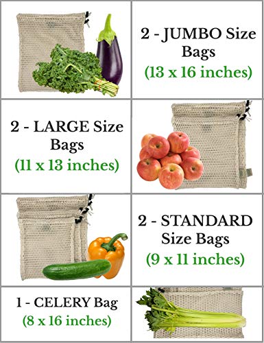 ZERO WASTE ORGANIC COTTON MESH REUSABLE PRODUCE BAG SET | Premium Washable Bags for Fresh Fruits & Vegetables | Compostable, Biodegradable | Sustainable Alternative to Plastic Bags | 4 Sizes | 7 Bags