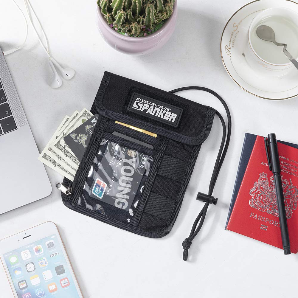 EXCELLENT ELITE SPANKER Passport Holder Nylon Neck Pouch RFID Blocking Travel Neck Wallet ID Card Organizer Pouch with Neck Lanyard(Black)