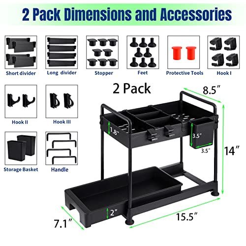 UBeesize 2 Pack Bathroom Organizer Basket Drawers, Slide Out Under Sink Cabinet Organizers and Storage for Bathroom Countertop Bathroom Sink Organizer with Hooks and Cups,Pull Out Under Sink Shelf
