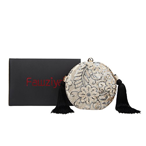 Fawziya Evening Clutch Sequin Embroidery Tassel Round Velvet Medium Novelty Purses For Women Crossbody-Beige