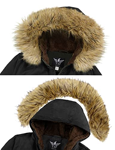 YXP Women's Winter Thicken Military Parka Jacket Warm Fleece Cotton Coat with Fur Hood (Black,XL)