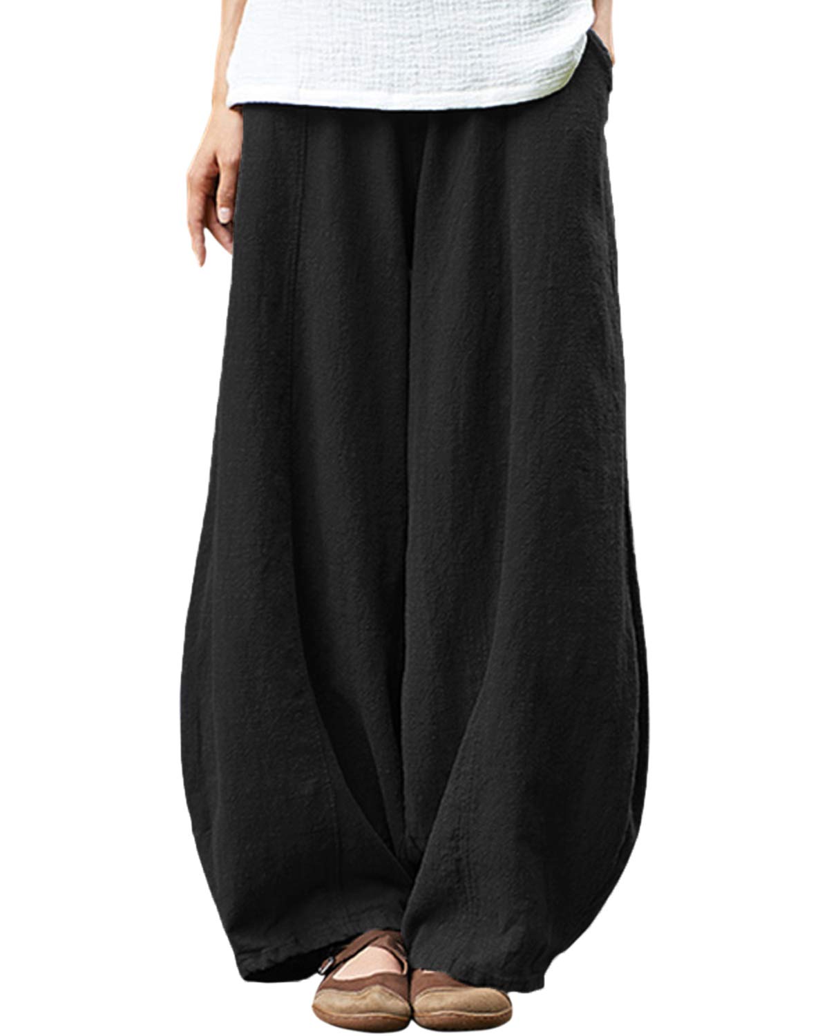IXIMO Women's Casual Cotton Linen Baggy Pants with Elastic Waist Relax Fit Lantern Trousers Black XL