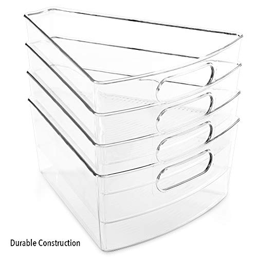 Oubonun Lazy Susan Organizers Set of 4, 10.2βx 9.4βx 4β Plastic Transparent Kitchen Cabinet Storage Bins with Handle, 4" Deep Container, 1/8 Wedge - Food Safe, BPA Free.