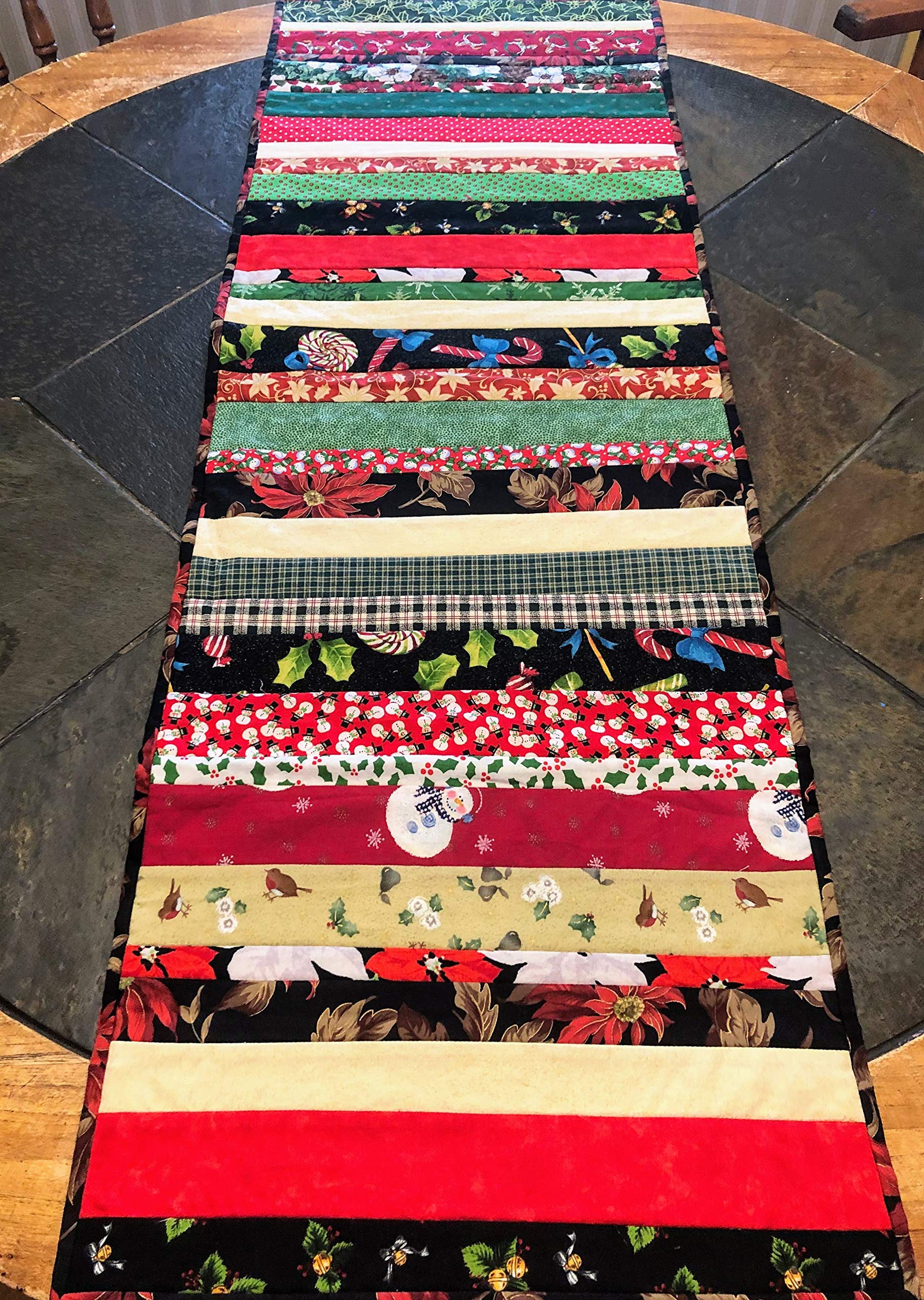 Quilted Holiday Table Runner, Jelly Roll Stripes, Rectangular, Reversible, Poinsettia Fabric, Christmas Decor, 100% Cotton