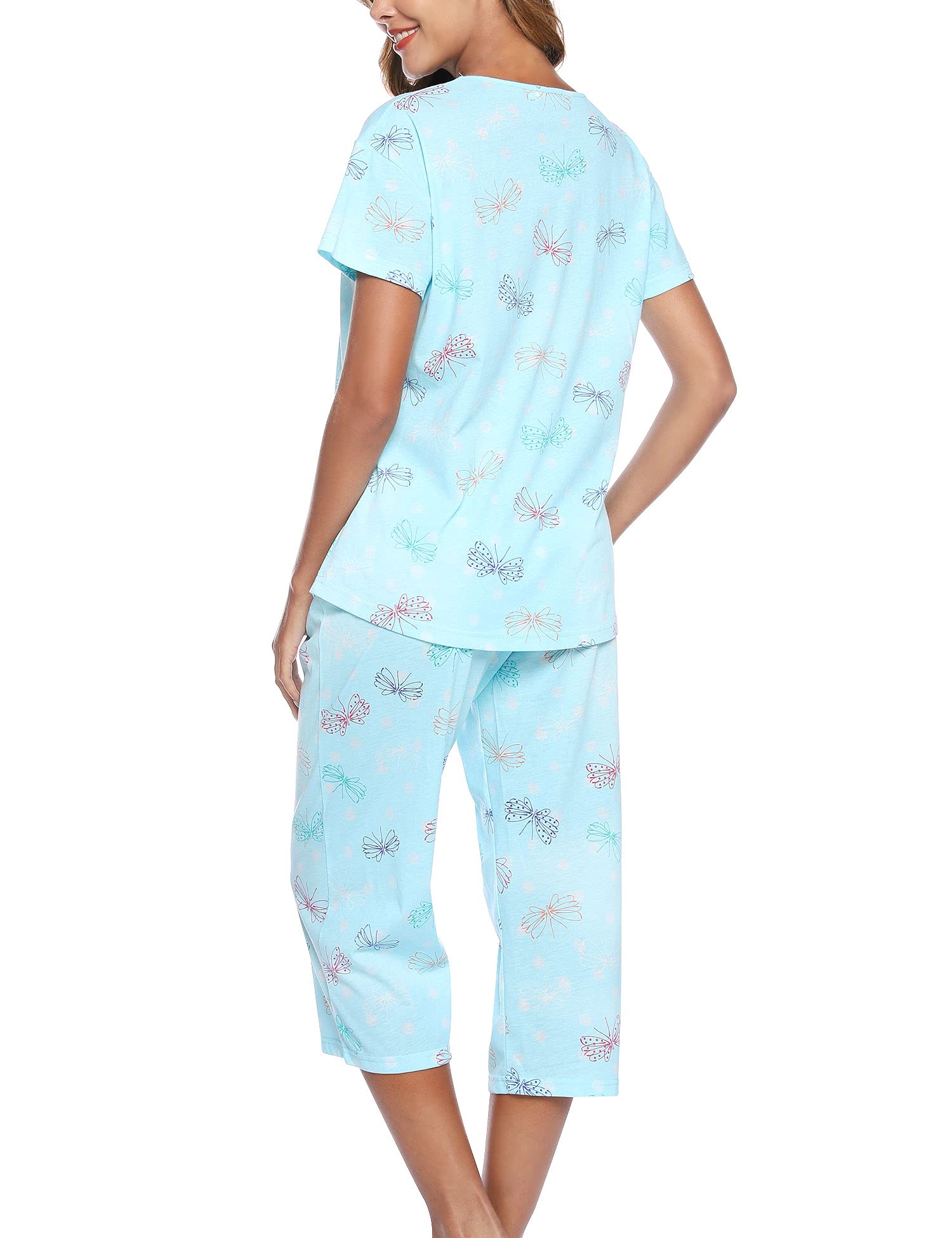ENJOYNIGHT Womens Pajama Sets Cotton Pj Set Short Sleeve Top With Capri Pants Sleepwear 2 Piece Lounge Set(Medium,Flyyying)
