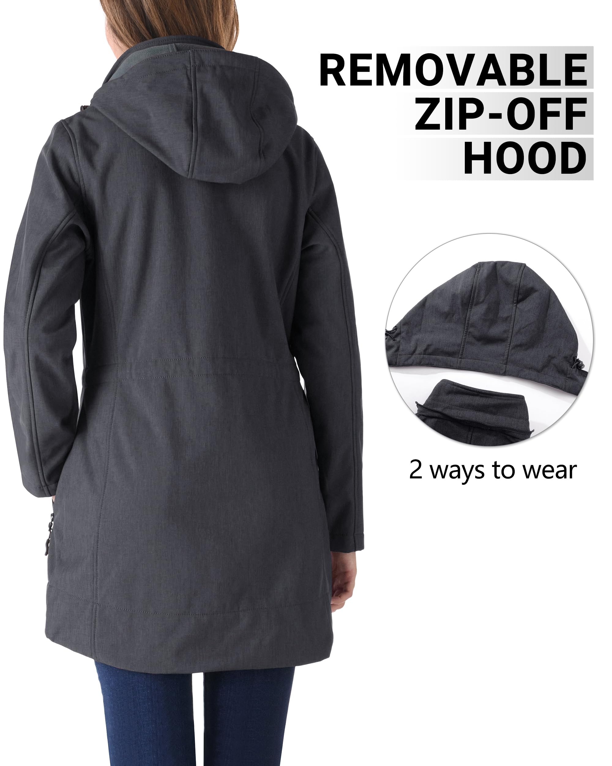 Outdoor Ventures Women's Softshell Jacket with Removable Hood Fleece Lined Windbreaker Insulated Long Warm Rain Jacket