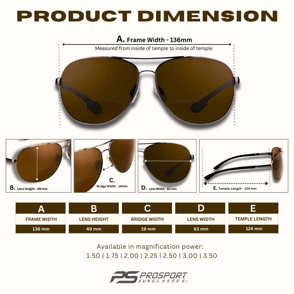 proSPORT Aviator Polarized Bifocal Sunglass Readers Fishing Driving Brown Lens Spring Hinge Men Women 2.5 1.50 1.75 2.00 2.25 2.50
