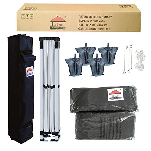 Tistent 10'x10' Pop Up Canopy Tent Commercial Instant Shelter with Heavy Duty Carrying Bag and 4 Removable Side Walls, 4 Canopy Sand Bags Black