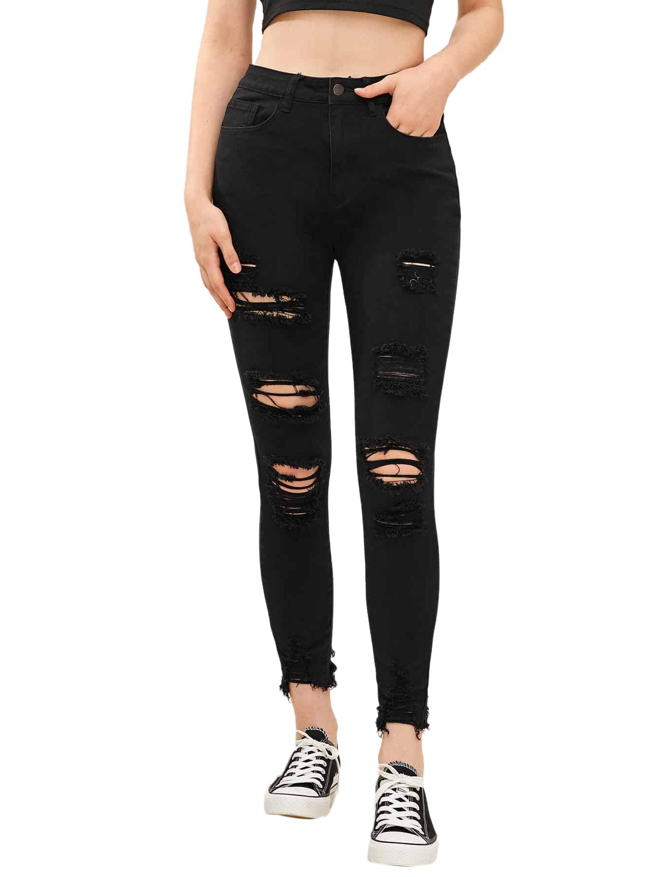 SweatyRocks Women's Hight Waisted Stretch Ripped Skinny Jeans Distressed Denim Pants Black-4 XL