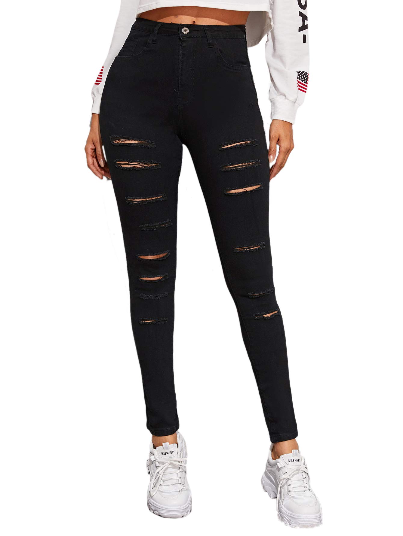 SweatyRocks Women's Hight Waisted Stretch Ripped Skinny Jeans Distressed Denim Pants Black-5 S