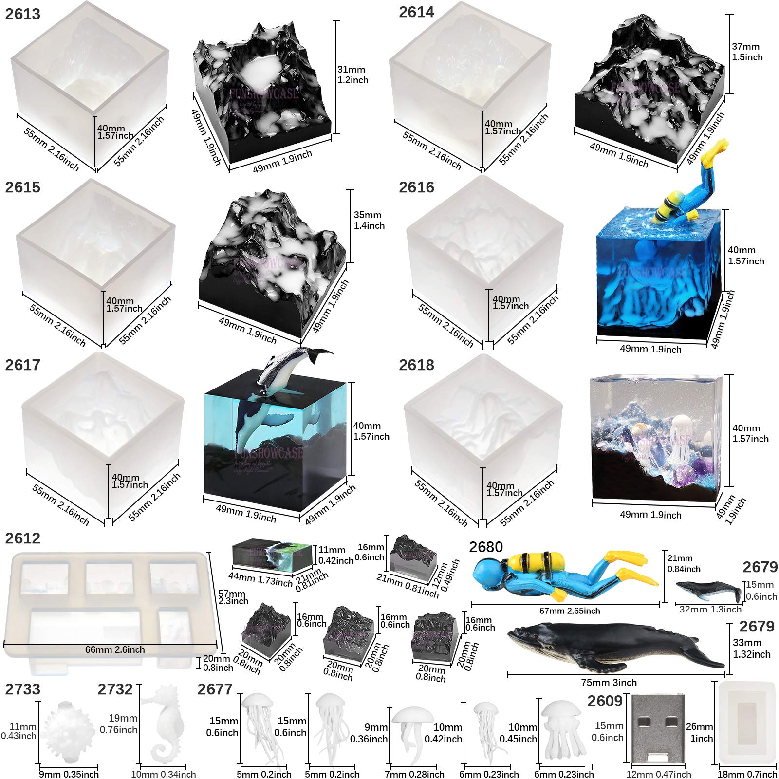Mountain Peak and USB Resin Molds Set with 8G USB Driver, Jellyfish, Whale, Seahorse, Pufferfish, Diver 19-kit, for Epoxy Concrete Clay, Make Dioramas Landscape, Necklace Pendant, Paperweight
