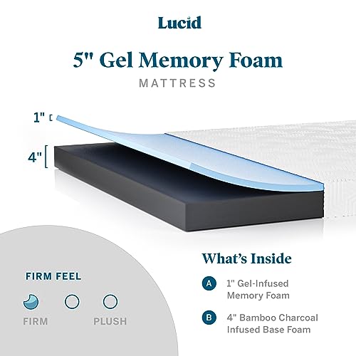 Lucid 5 Inch Gel Memory Foam Mattress - Firm Feel - Gel Infusion - Memory Foam Infused with Bamboo Charcoal - Breathable Cover - Full