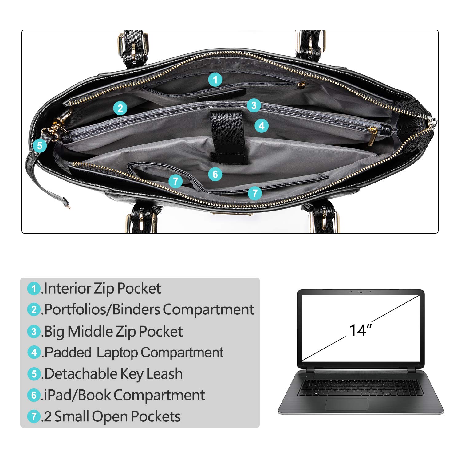 14-Inch Laptop Bag for Women, Professional Computer Bags - Laptop Purse with Padded Compartment - Fit Under Airplane Seat (Black)