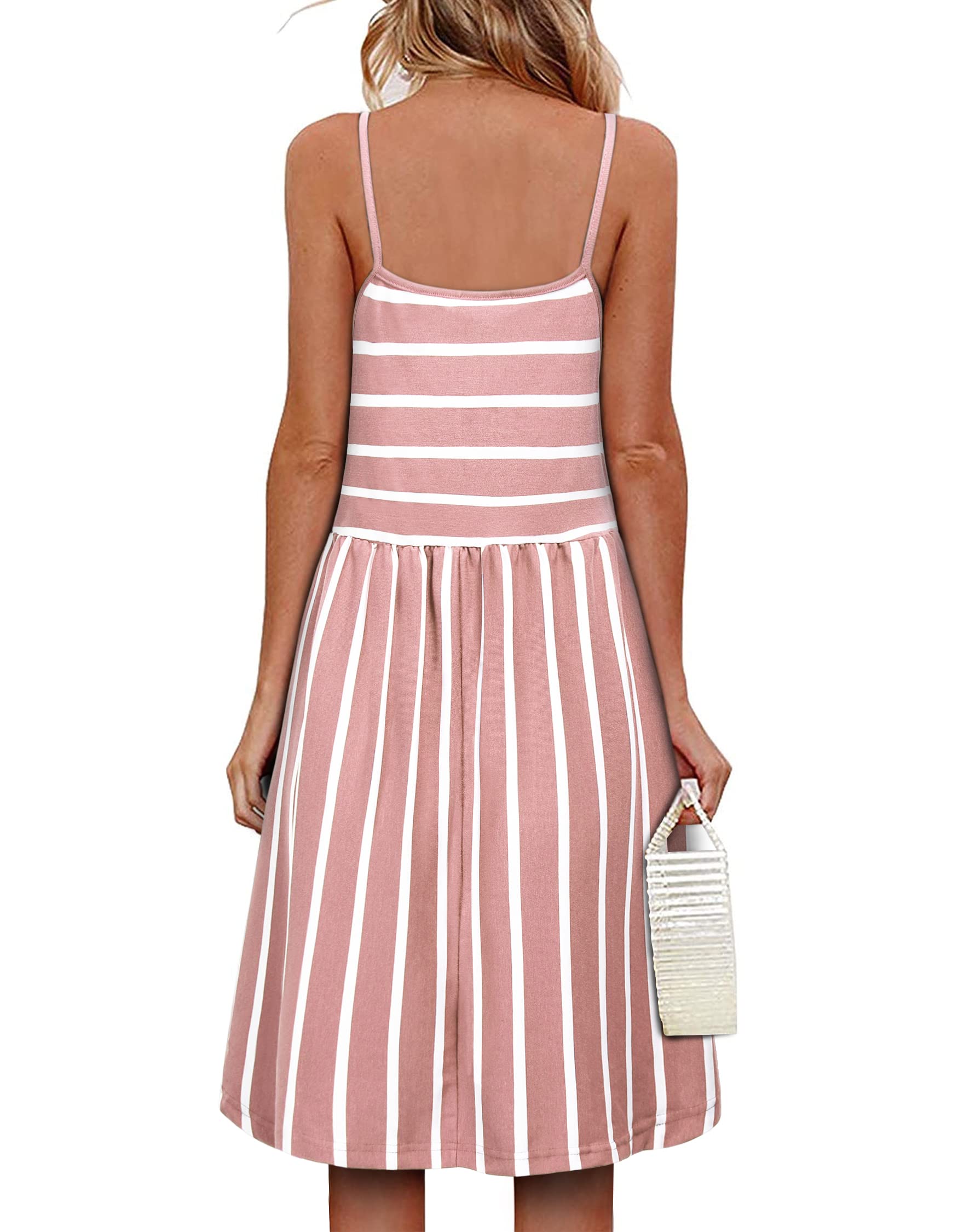 MOQIVGI Country Dresses for Women,Stripe Patchwork Comfy Simple Basic Pleated Crew Neck Strappy Dress Ladies Short Flowy Button Down Sundresses Pink White Large