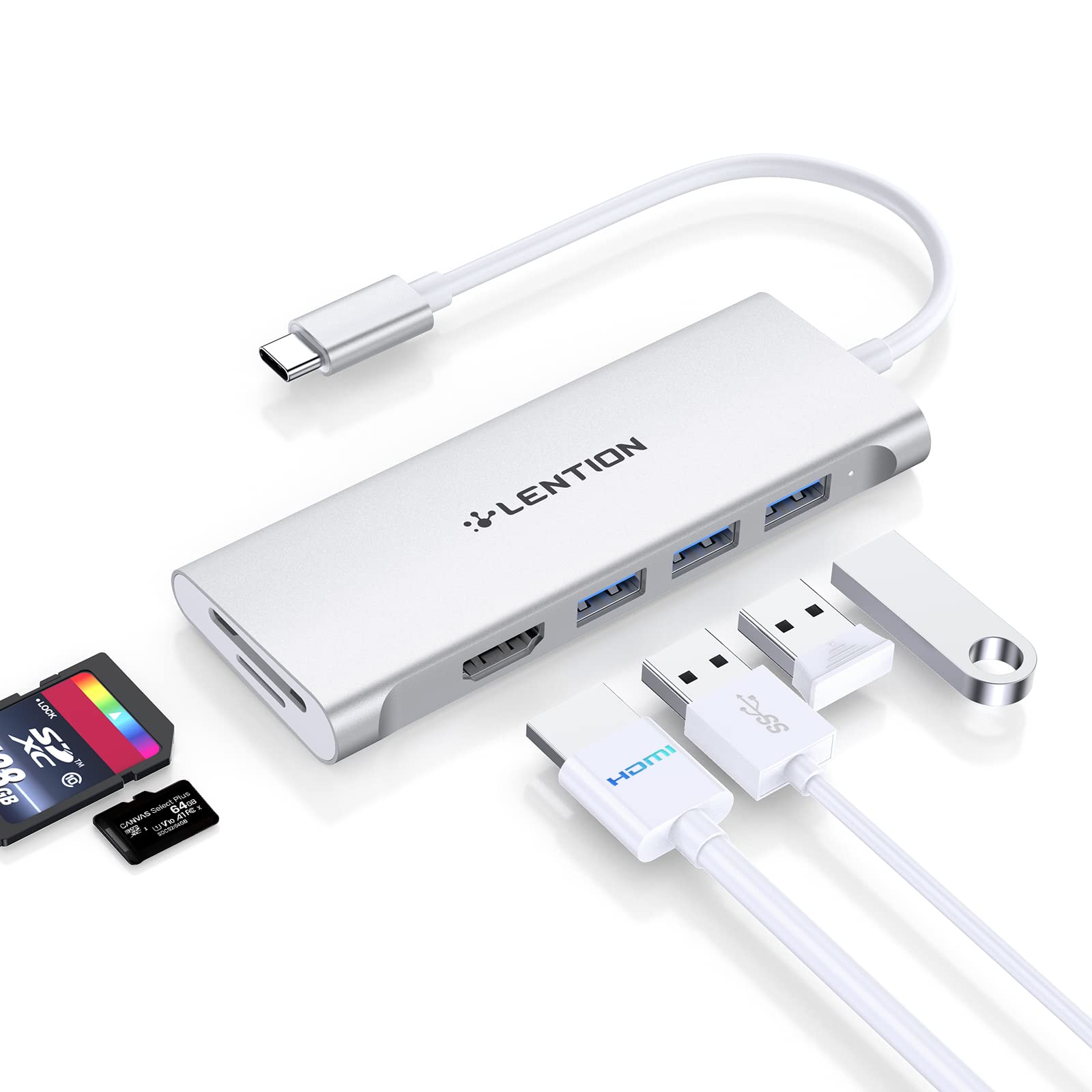 LENTION USB C Hub with 4K HDMI, 3 USB 3.0, SD/Micro SD 3.0 Card Reader, Compatible 2023-2016 MacBook Pro, New Mac Air/Surface, Chromebook, iPhone15 or More, Stable Driver Adapter (C34, Silver)