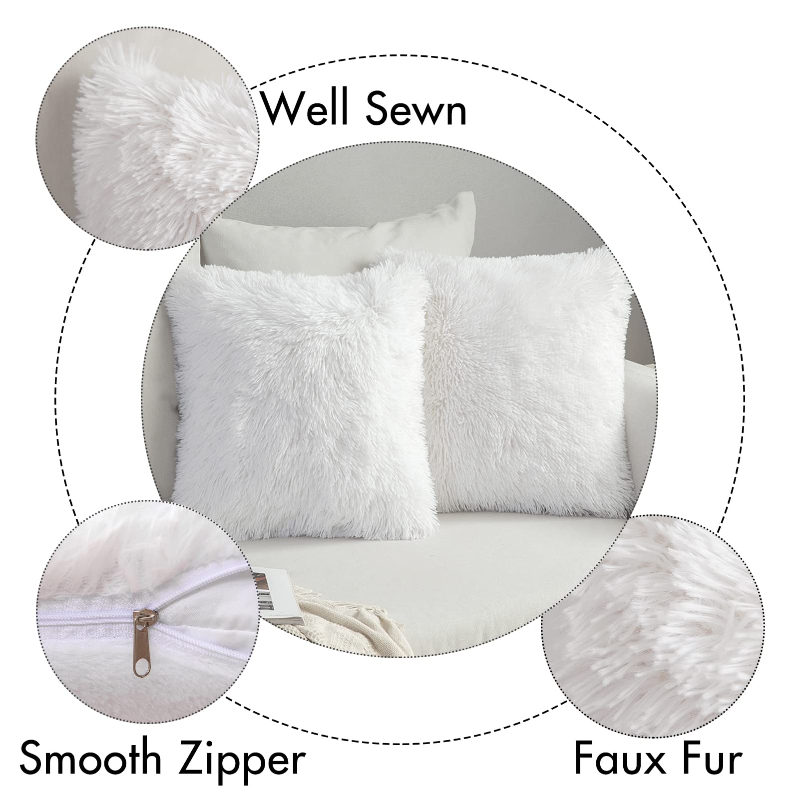 MIULEE Pack of 2 Luxury Faux Fur Decoration Throw Pillow Covers Deluxe Winter Cute Decorative Plush Pillow Case Cushion Cover Shell for Sofa Bedroom Car 16x16 Inch White