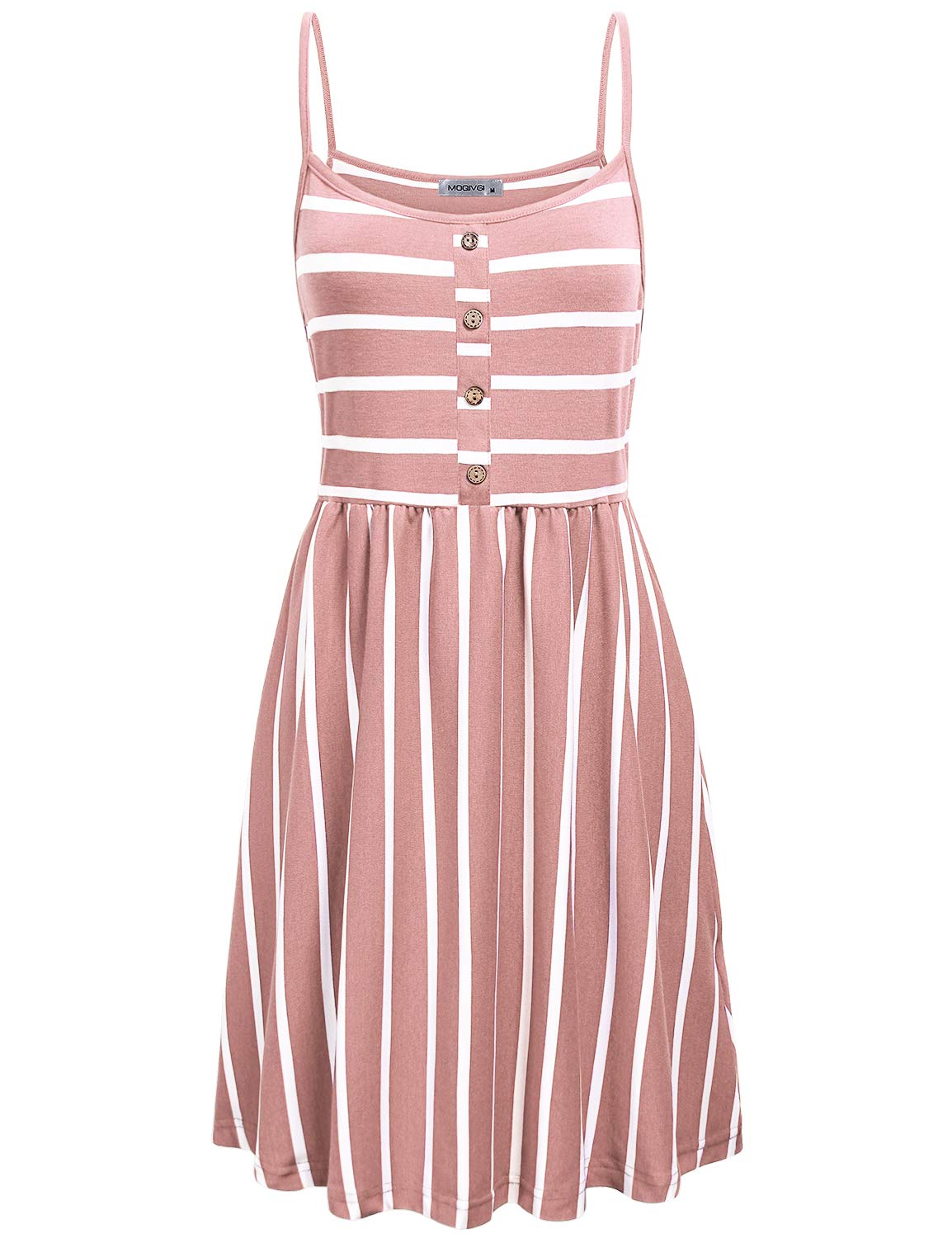 MOQIVGI Country Dresses for Women,Stripe Patchwork Comfy Simple Basic Pleated Crew Neck Strappy Dress Ladies Short Flowy Button Down Sundresses Pink White Large