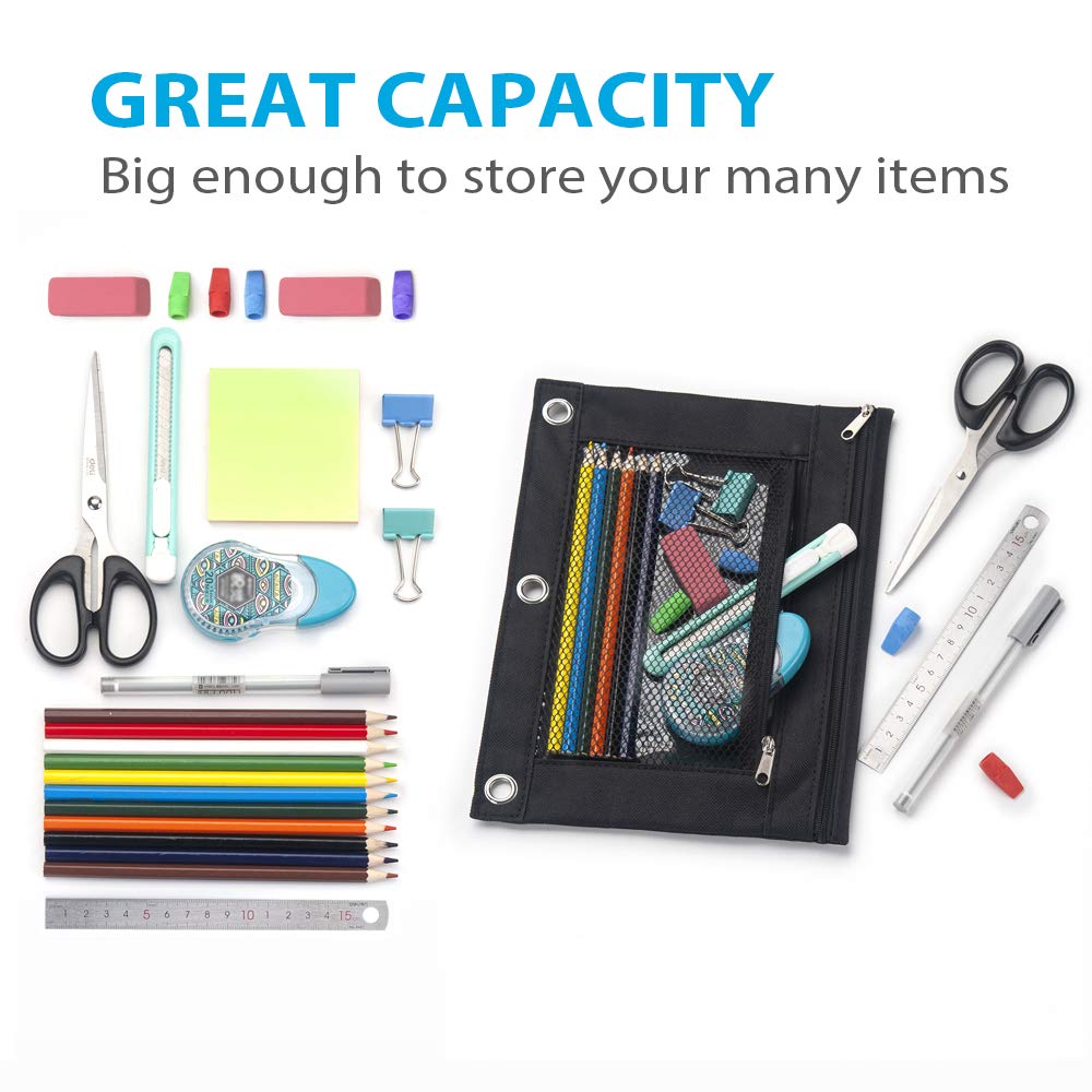 Sooez Pencil Pouch for 3 Ring Binder, 2 Pack Fabric Binder Pouch with 2 Pockets, Pencil Bags with Zipper and Reinforced Grommets, Pencil Cases for Binder