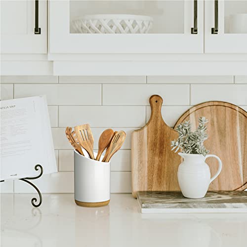 KARRYOUNG Extra-Large Ceramic Kitchen Utensil Holder for Countertop with Acacia Wooden Base - Utensil Caddy, 5.5 x 7.5 Inches,White