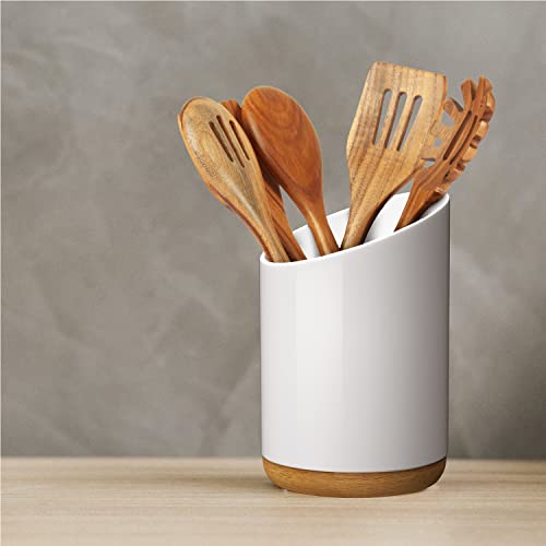 KARRYOUNG Extra-Large Ceramic Kitchen Utensil Holder for Countertop with Acacia Wooden Base - Utensil Caddy, 5.5 x 7.5 Inches,White