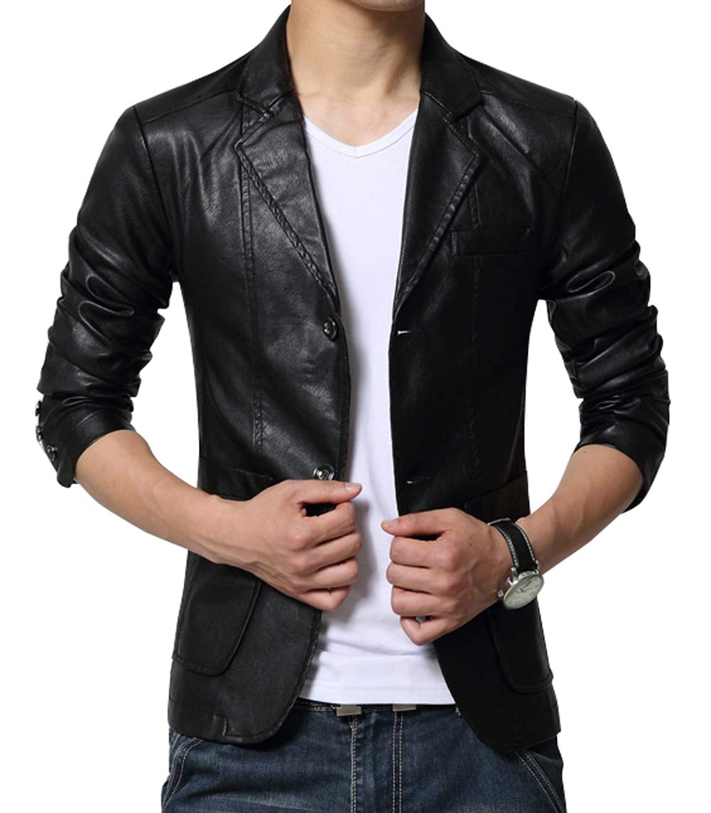 chouyatou Men's Stylish 2 Button Faux Leather Suit Blazer Jacket Sport Coat (Large, Black)