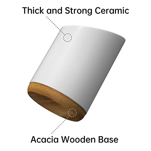 KARRYOUNG Extra-Large Ceramic Kitchen Utensil Holder for Countertop with Acacia Wooden Base - Utensil Caddy, 5.5 x 7.5 Inches,White