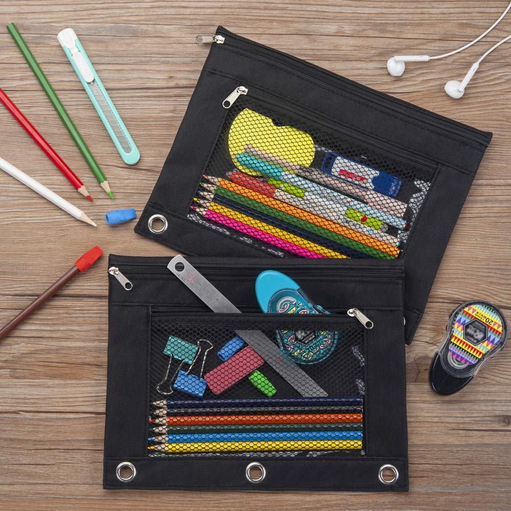 Sooez Pencil Pouch for 3 Ring Binder, 2 Pack Fabric Binder Pouch with 2 Pockets, Pencil Bags with Zipper and Reinforced Grommets, Pencil Cases for Binder