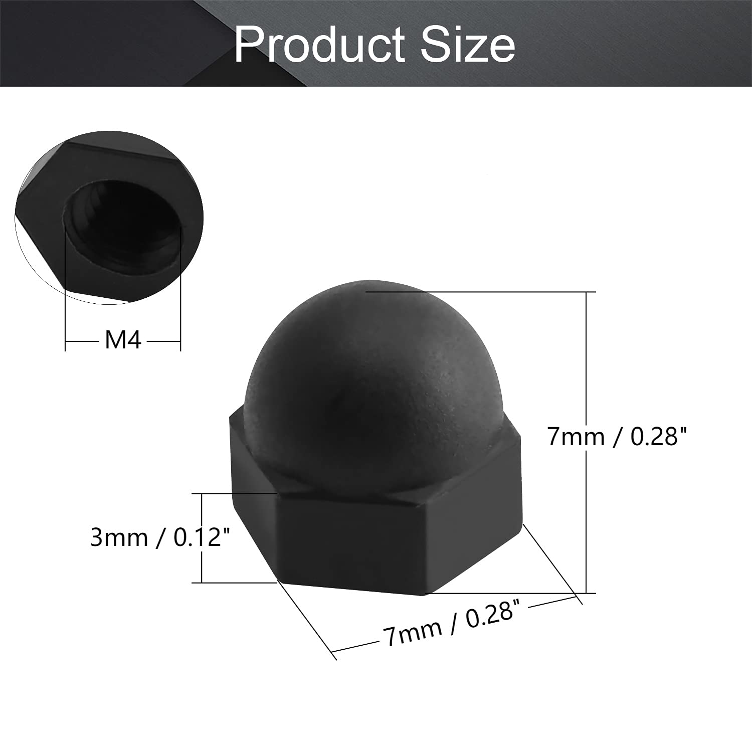 MroMax M4-0.7 Acorn Cap Nuts, 90Pcs Black Nylon Acorn Nuts, Female Thread Bolt Protection Cover, Dome Head Hex Nuts, Crown Cap Nuts for Indoor Outdoor ﻿