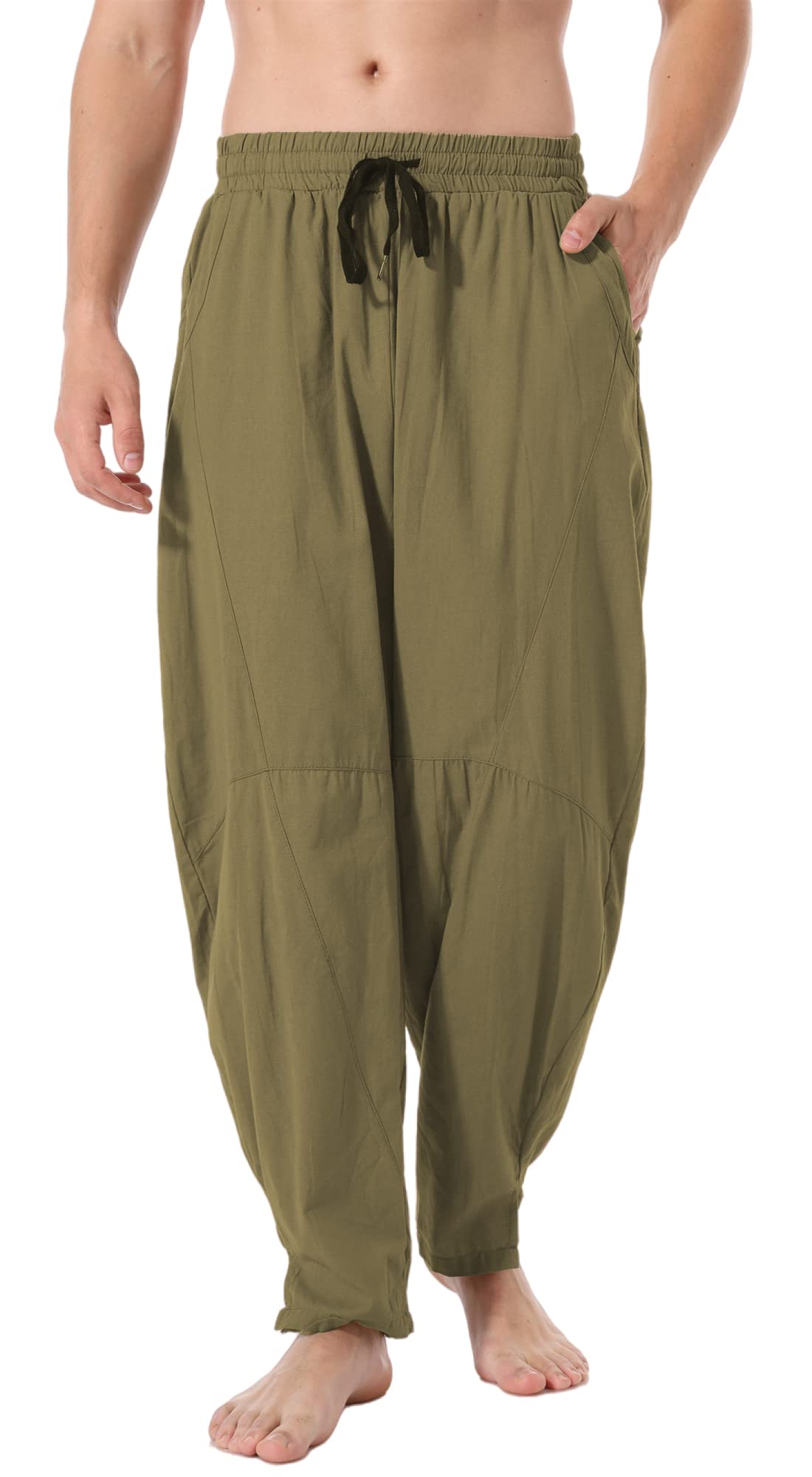perdontoo Mens Linen Cotton Loose Fit Casual Lightweight Elastic Waist Summer Pants (Medium, Olive)