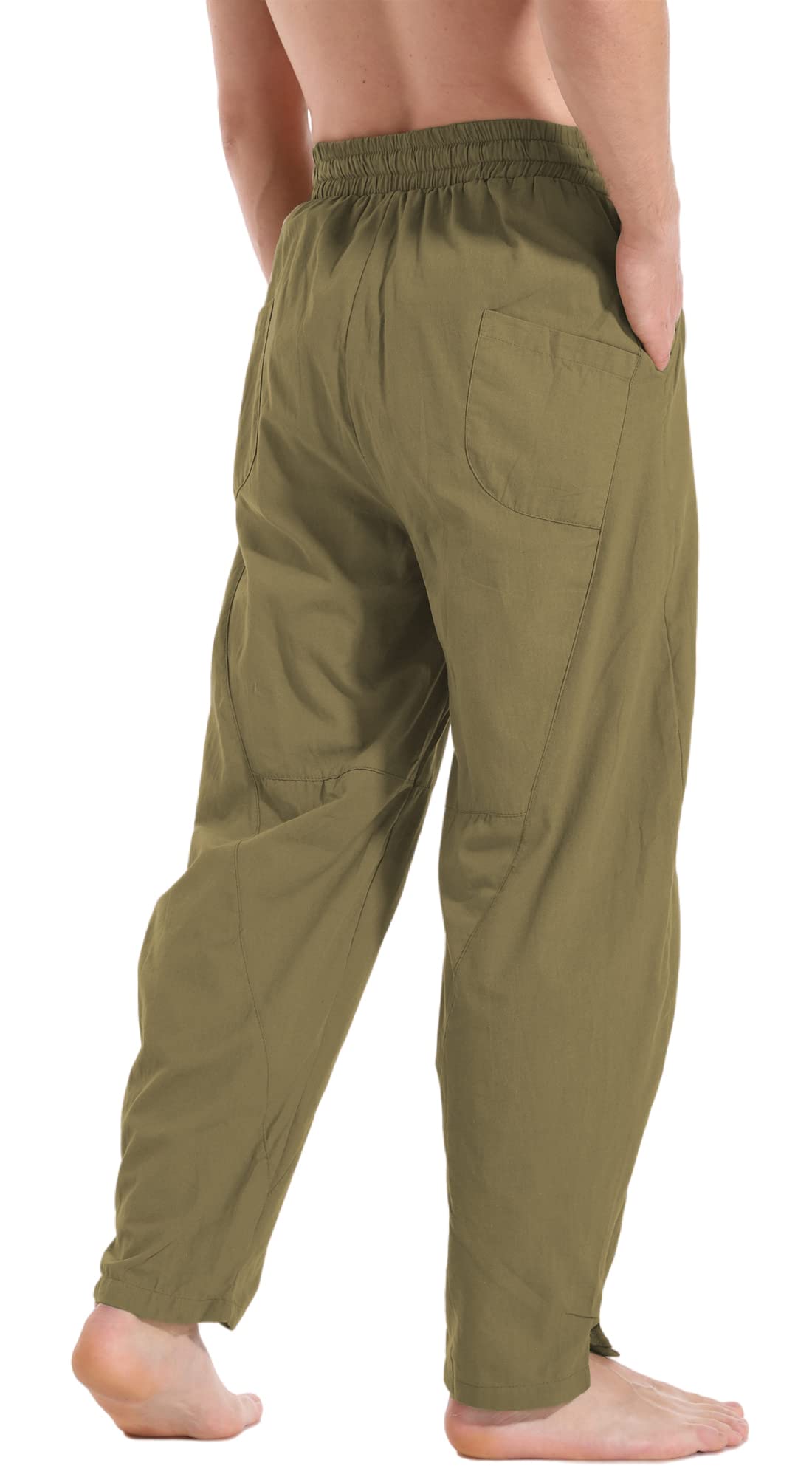 perdontoo Mens Linen Cotton Loose Fit Casual Lightweight Elastic Waist Summer Pants (Medium, Olive)