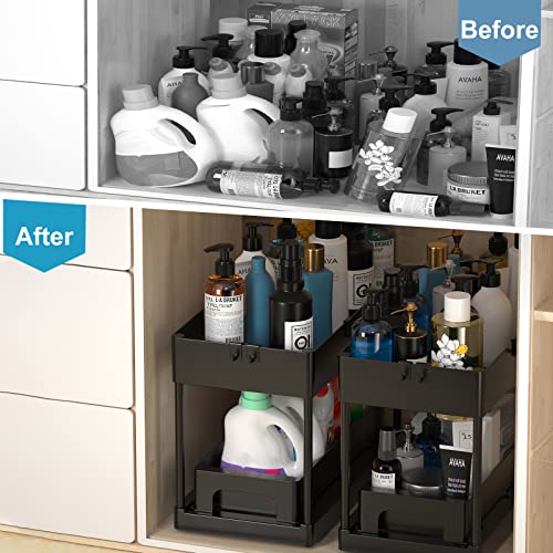 SKDKYCCO Under Sink Organizers and Storage, 2 Pack for Bathroom 8 Hooks Bath Collection Baskets, Multi-purpose Storage Shelf (Black)…