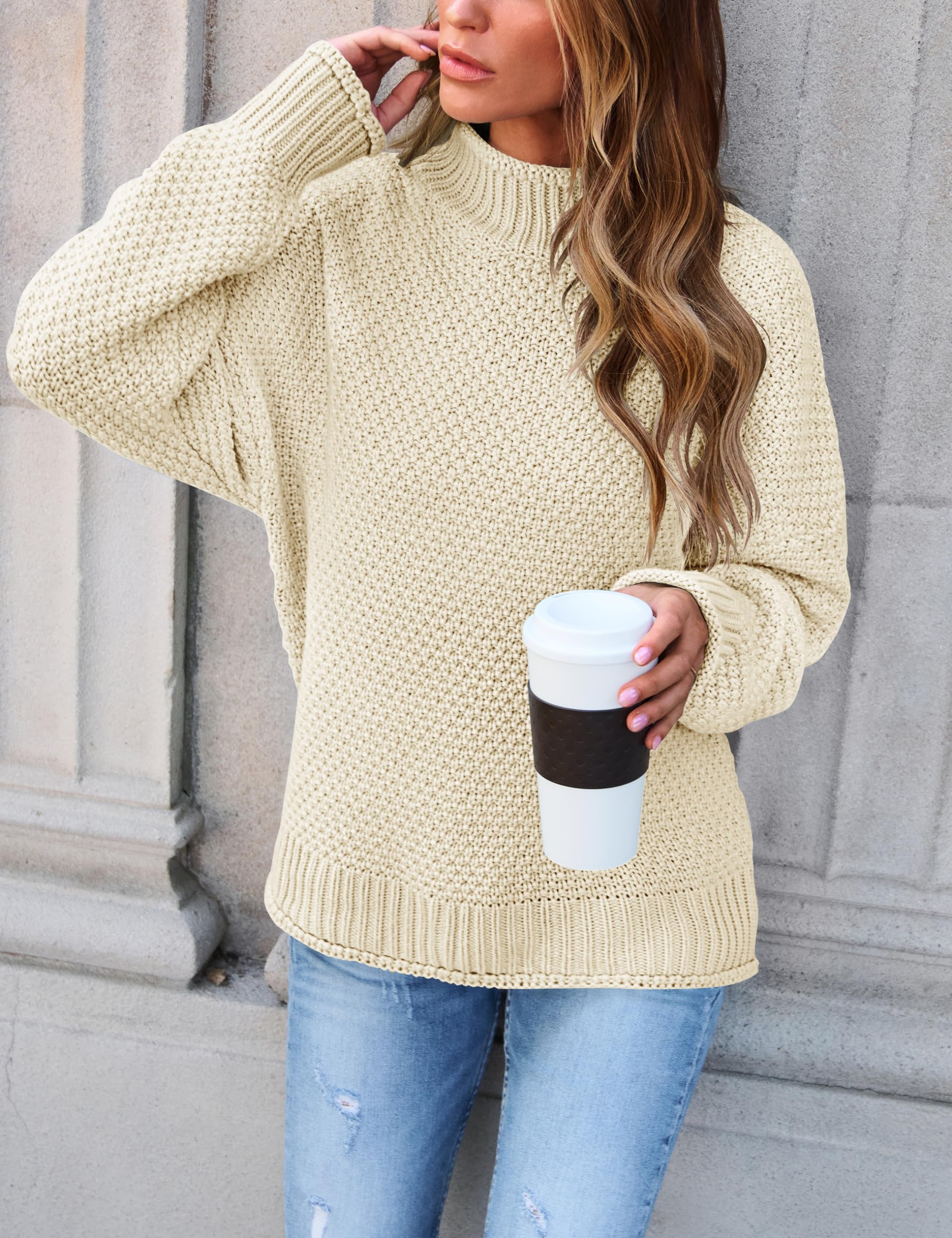 ZESICA Women's Turtleneck Batwing Sleeve Loose Oversized Chunky Knitted Pullover Sweater Jumper Tops,Apricot,Small