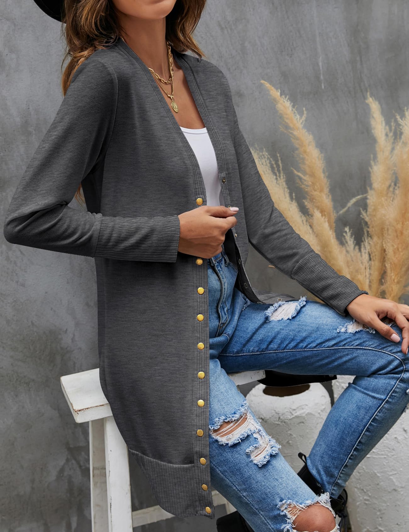Halife Light Weight Cardigan Sweaters for Women Casual Cuff Long Sleeve Snap Button Cardigan for Work Office Charcoal Gray M