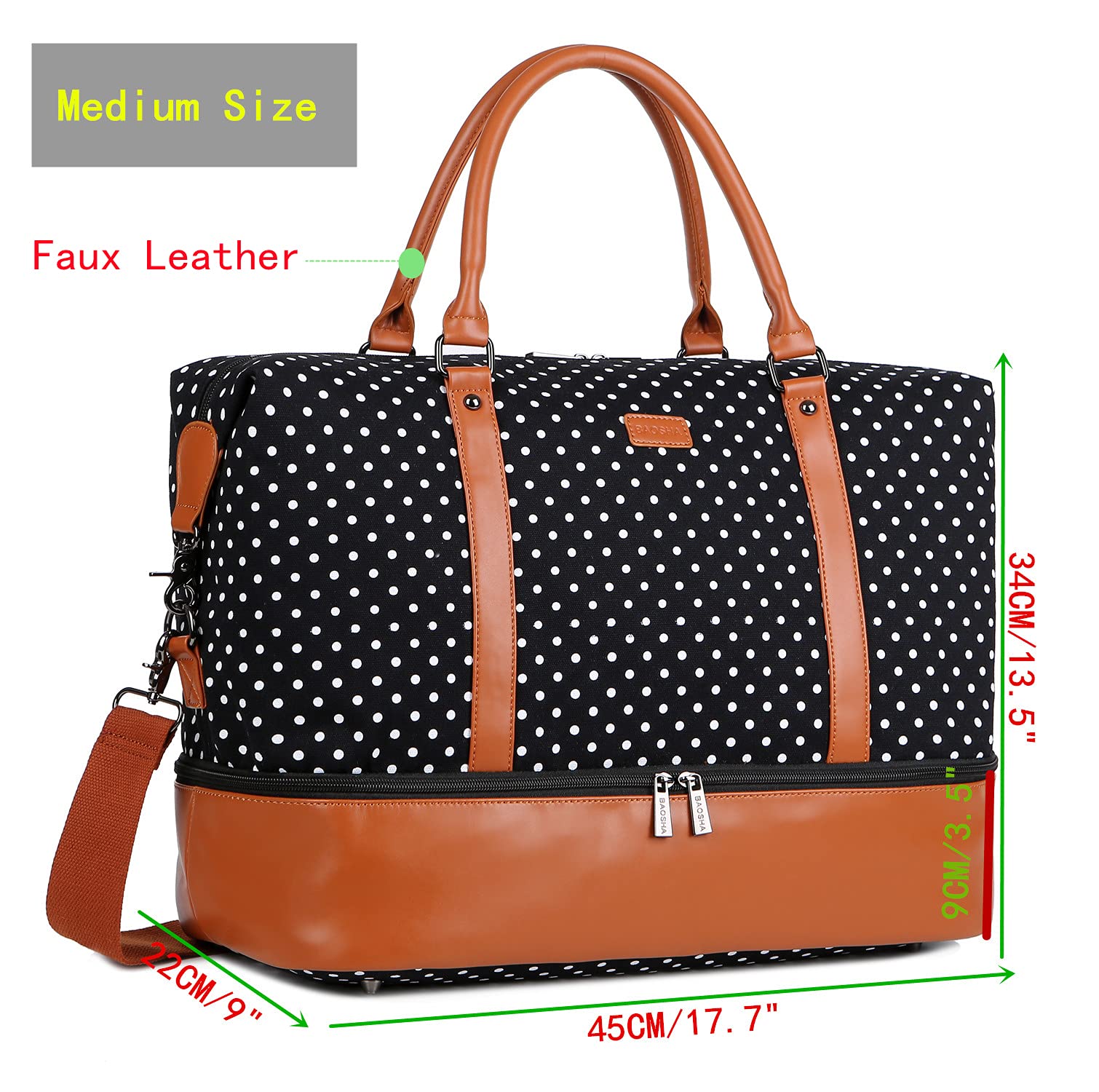 BAOSHA HB-28 Ladies Women Canvas Travel Weekender Bag Overnight Carry-on Duffel Tote Bag (Black Dot) 18 x 13 x 8 inch