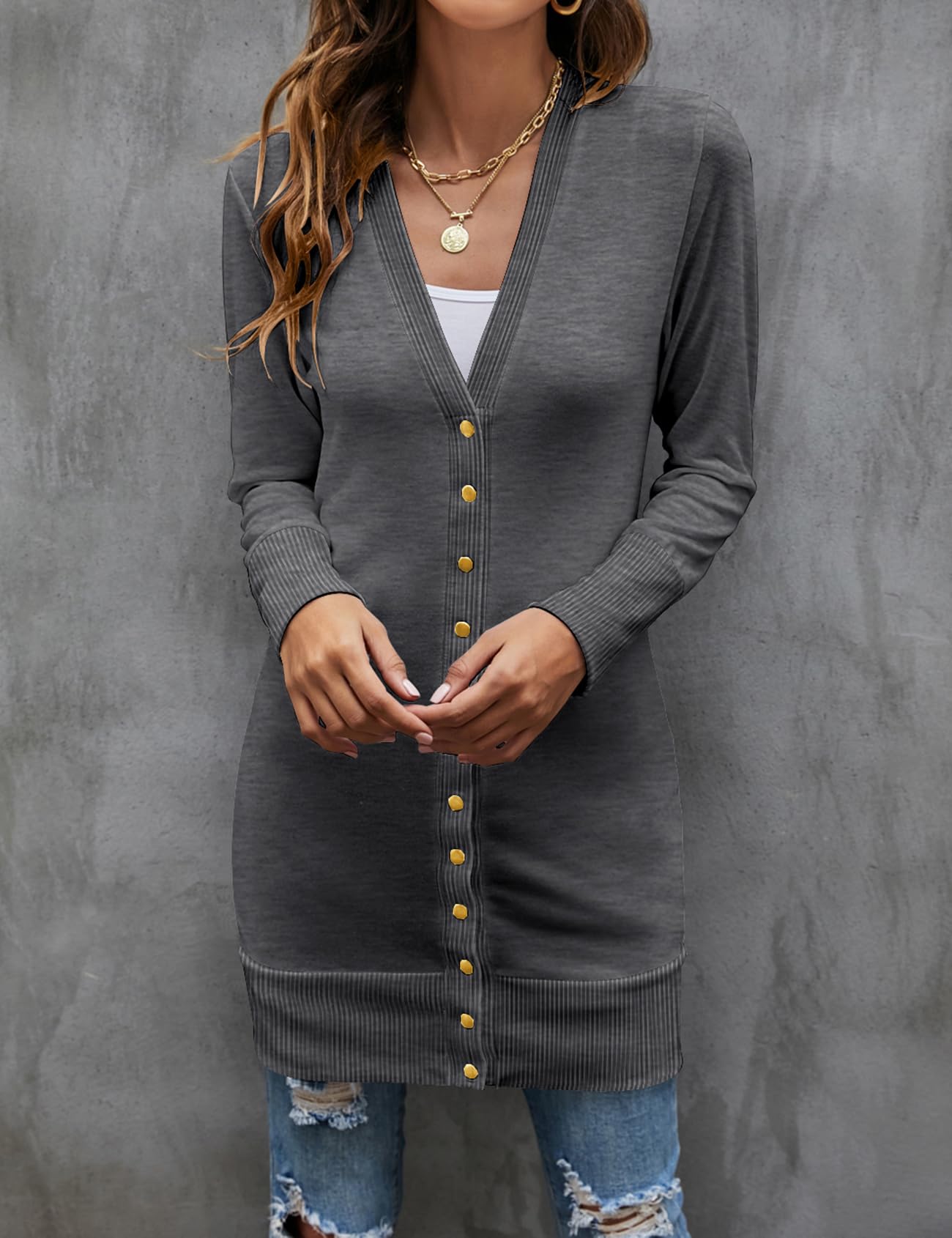 Halife Light Weight Cardigan Sweaters for Women Casual Cuff Long Sleeve Snap Button Cardigan for Work Office Charcoal Gray M