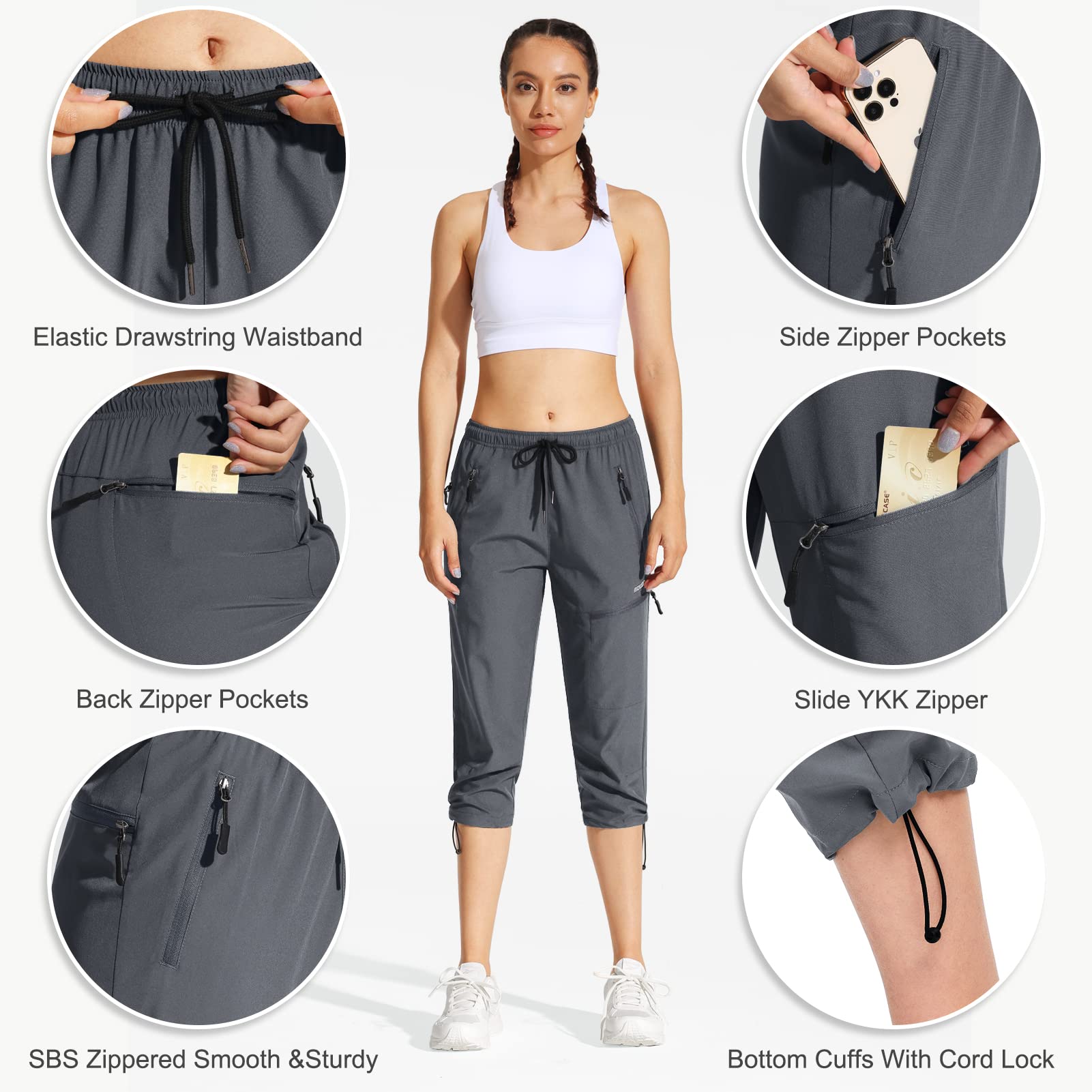 MOCOLY Women's Hiking Capris Pants Outdoor Lightweight Quick Dry Water Resistant UPF 50 Cargo Pants with Zipper Pockets Grey S