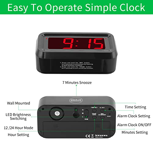 KWANWA Alarm Clock, Wall Clock, Battery Operated, Adjustable 3-Level Led Brightness, Dim Night Model, 12/24Hr, Cordless, Constantly 1.2'' Red Digits Display, Small Clock for Bedroom