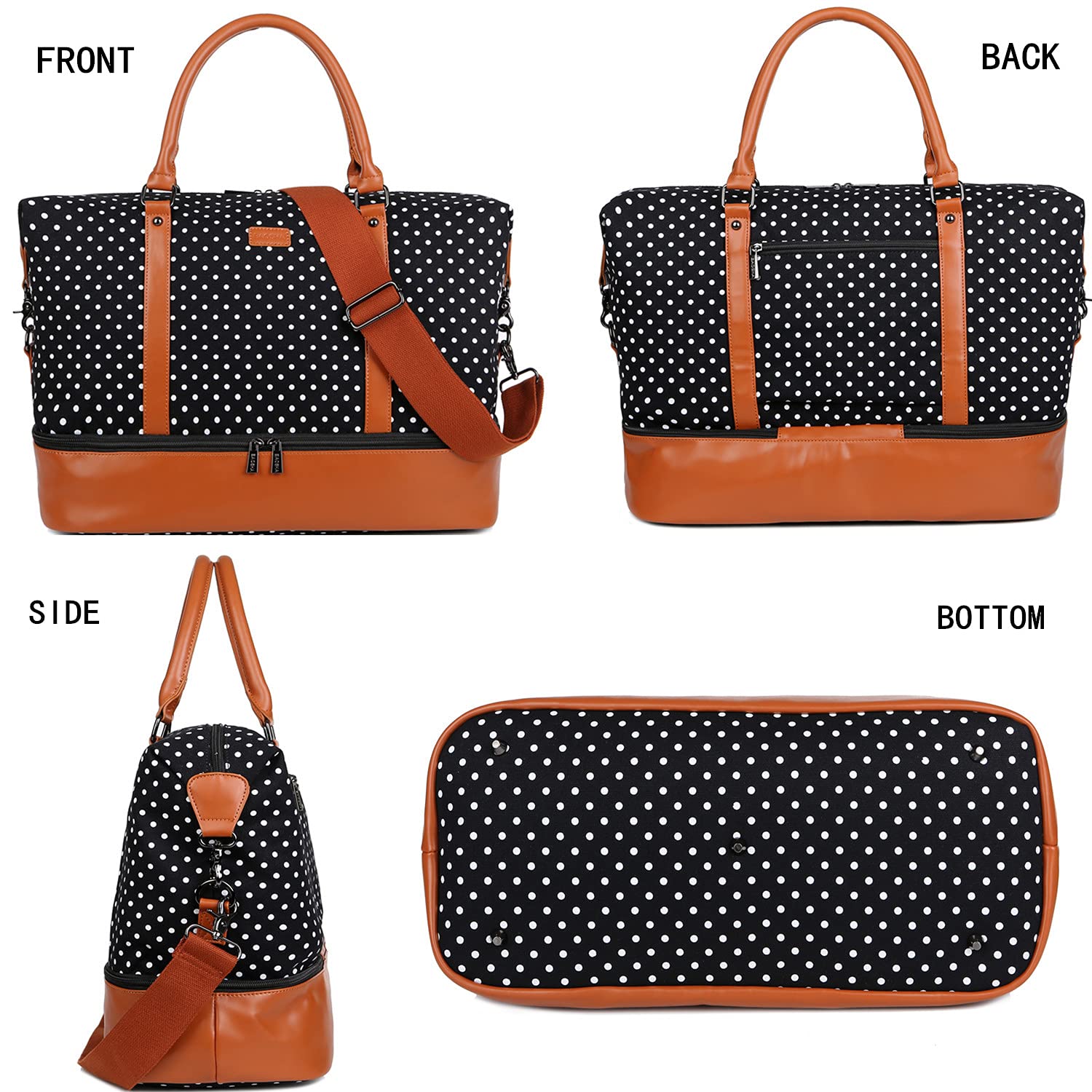 BAOSHA HB-28 Ladies Women Canvas Travel Weekender Bag Overnight Carry-on Duffel Tote Bag (Black Dot) 18 x 13 x 8 inch