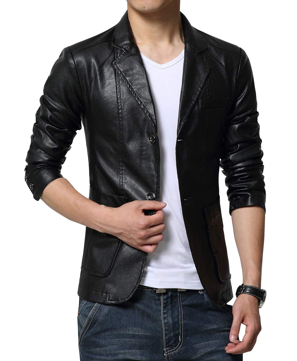 chouyatou Men's Stylish 2 Button Faux Leather Suit Blazer Jacket Sport Coat (Large, Black)